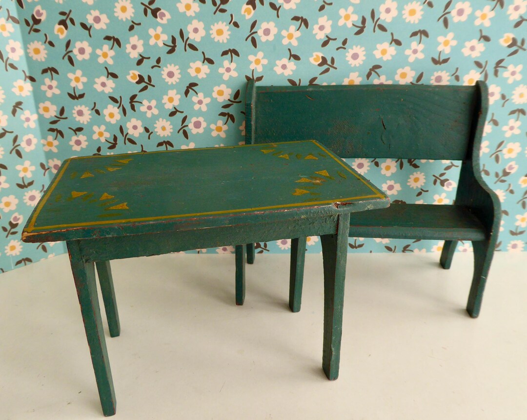 Reduced ** Handmade 1:6 Scale TABLE & BENCH or SETTLE, Hand-painted in ...