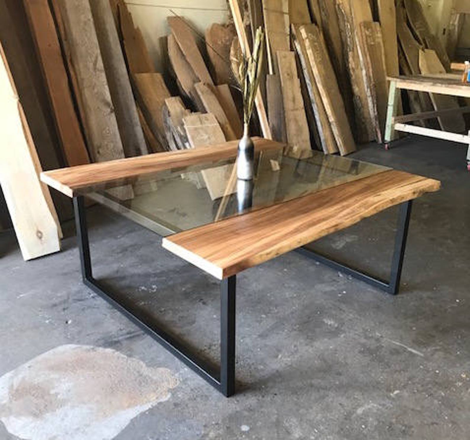Live Edge Glass Inlay Slab Table the View With Metal Legs - Etsy