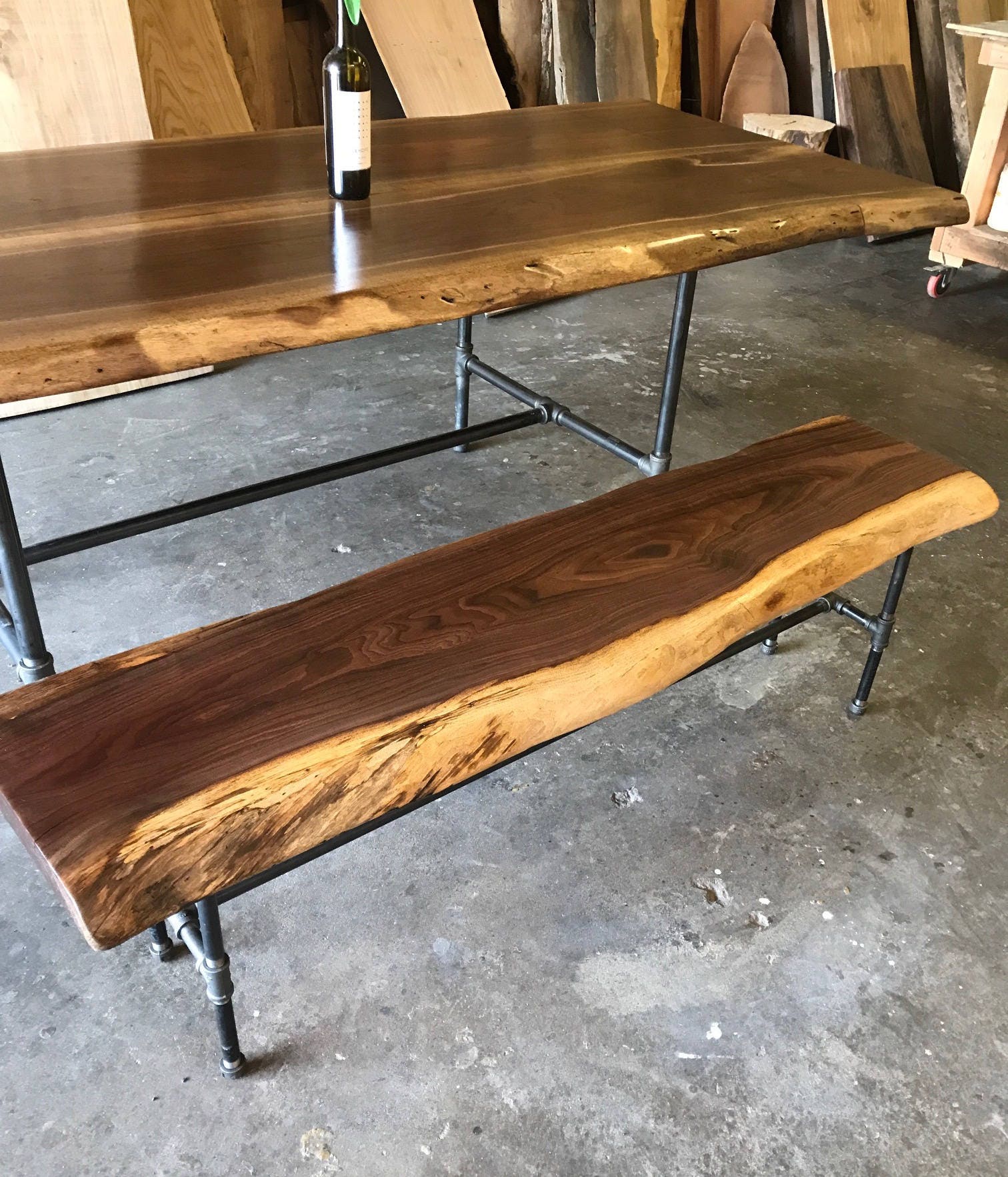 Walnut Bench Industrial Style With Metal Pipe Legs | Etsy