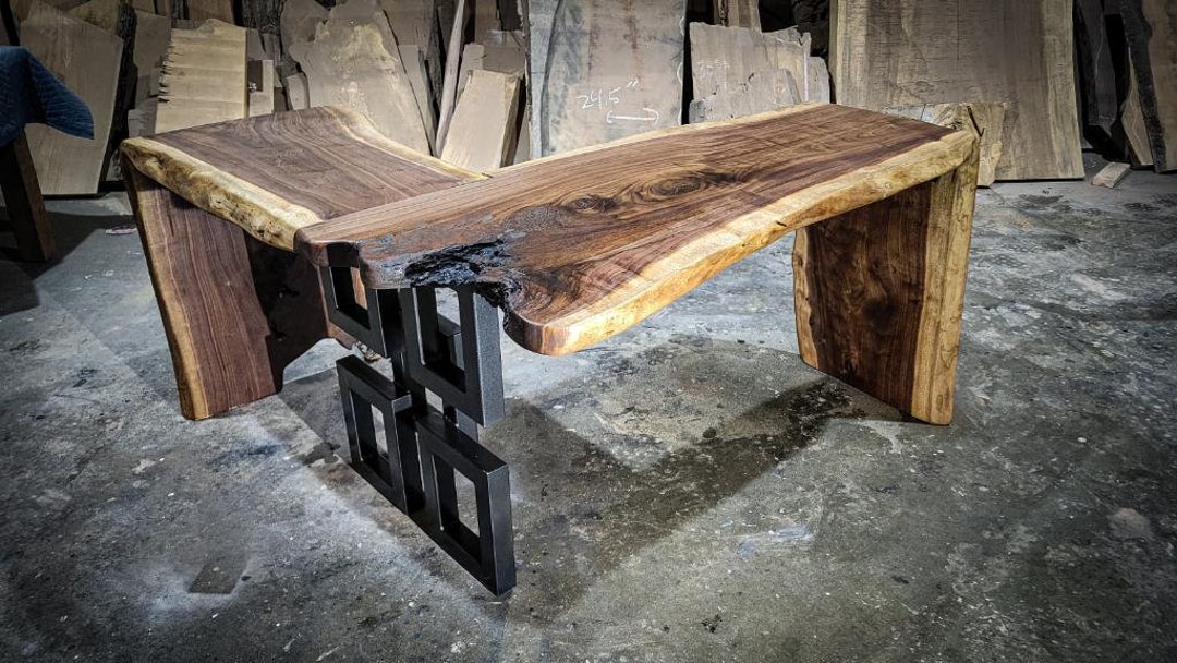 Black Walnut Live Edge L Desk: Waterfall Legs & Multi-square Leg - Etsy