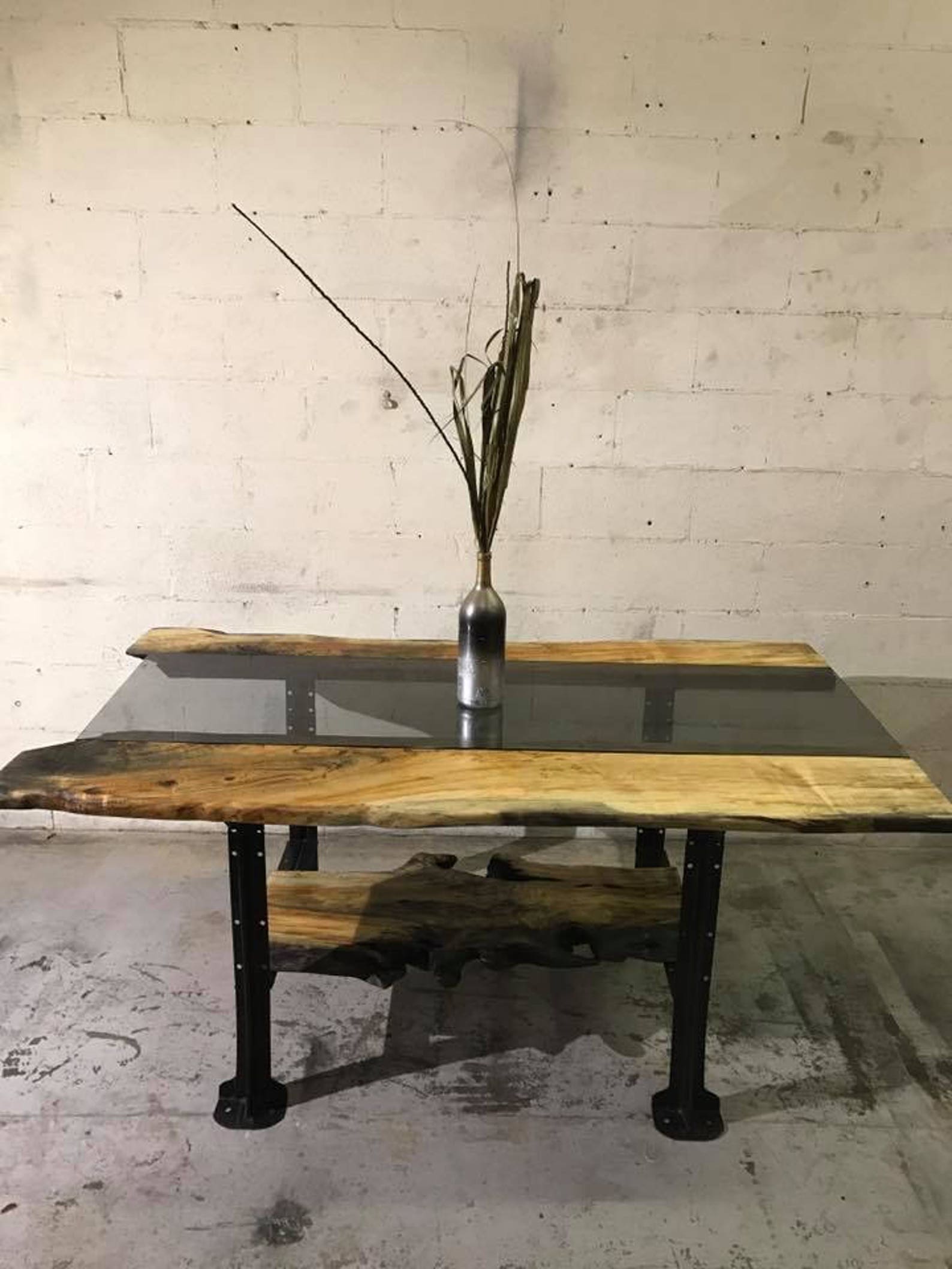 Live Edge Glass Inlay Slab Table the View With Metal Legs - Etsy