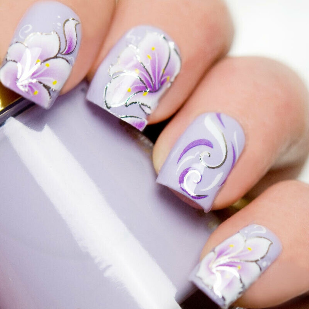 Lily Flower Nail Decals Lilac Silver 3D Nail Art Nails Water Transfers ...
