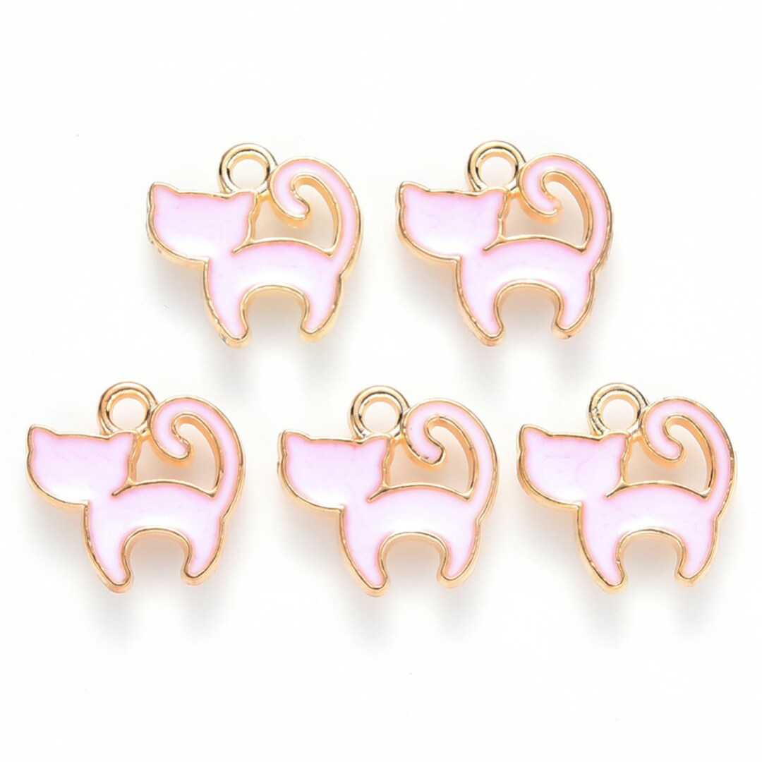 10 Pink & Gold Enamel Cat Charms - Gold Cat Charms - Pet Charms ...