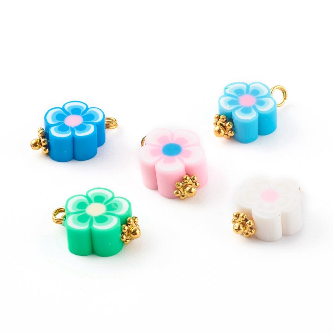 10 Daisy Flower Charms Polymer Clay Flower Charms Gold Loops Flowers ...