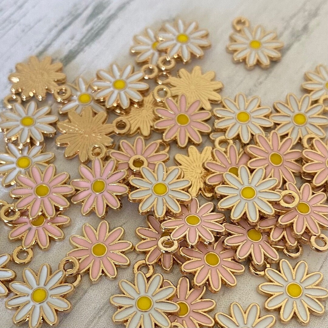 Daisy Charms in Pink and White - Enamel Daisy Charms 1.3cm - Small Gold ...