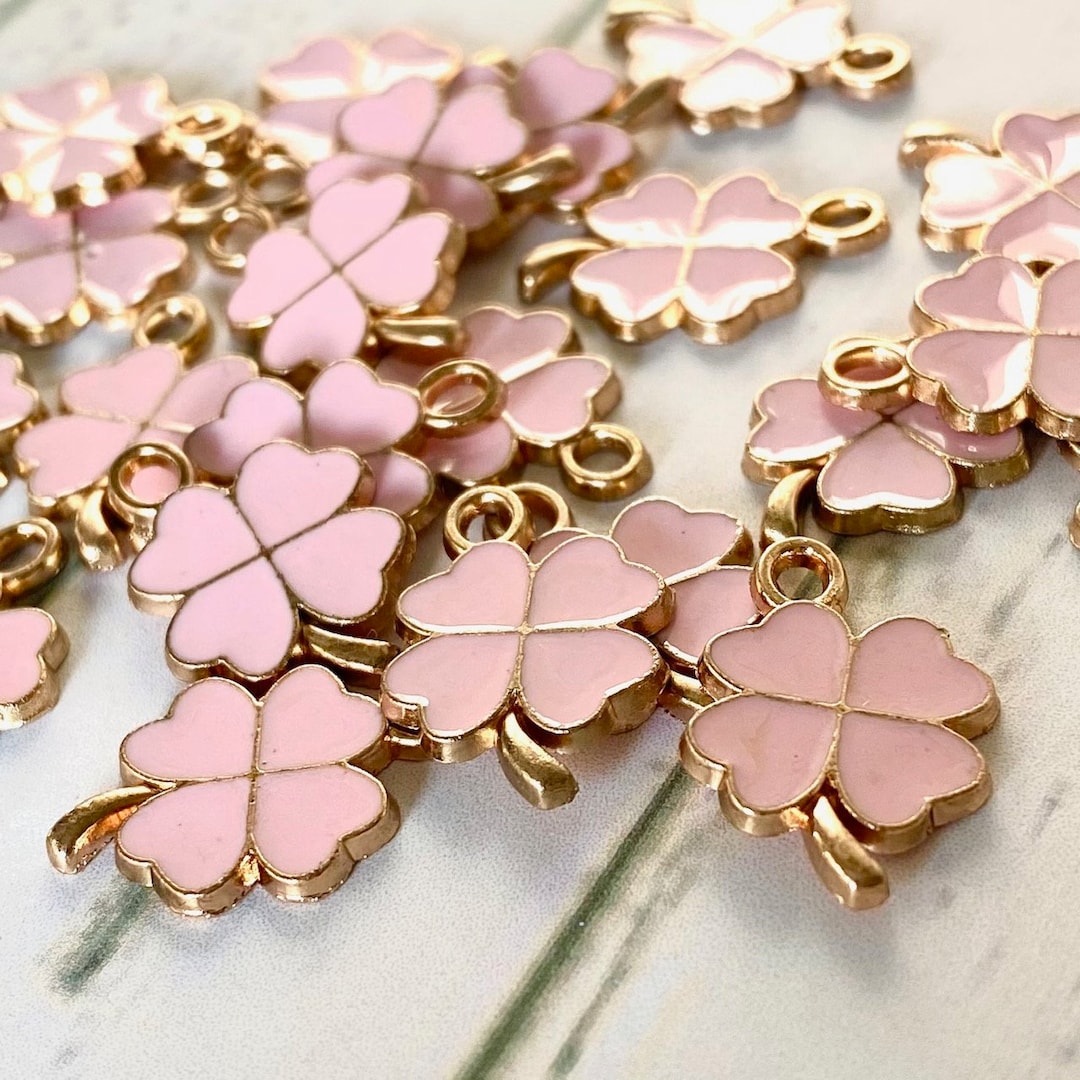 Pink Four Leaf Clover Charms - Enamel Heart Charms - St Patricks Day Charm Beads - Lucky Clover ...