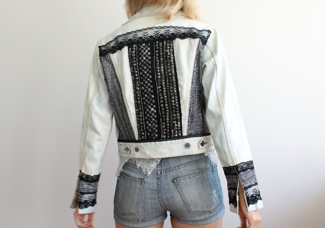 Rocker Style Embellished Denim Jacket, Embroidered Jean Jacket, Grunge ...