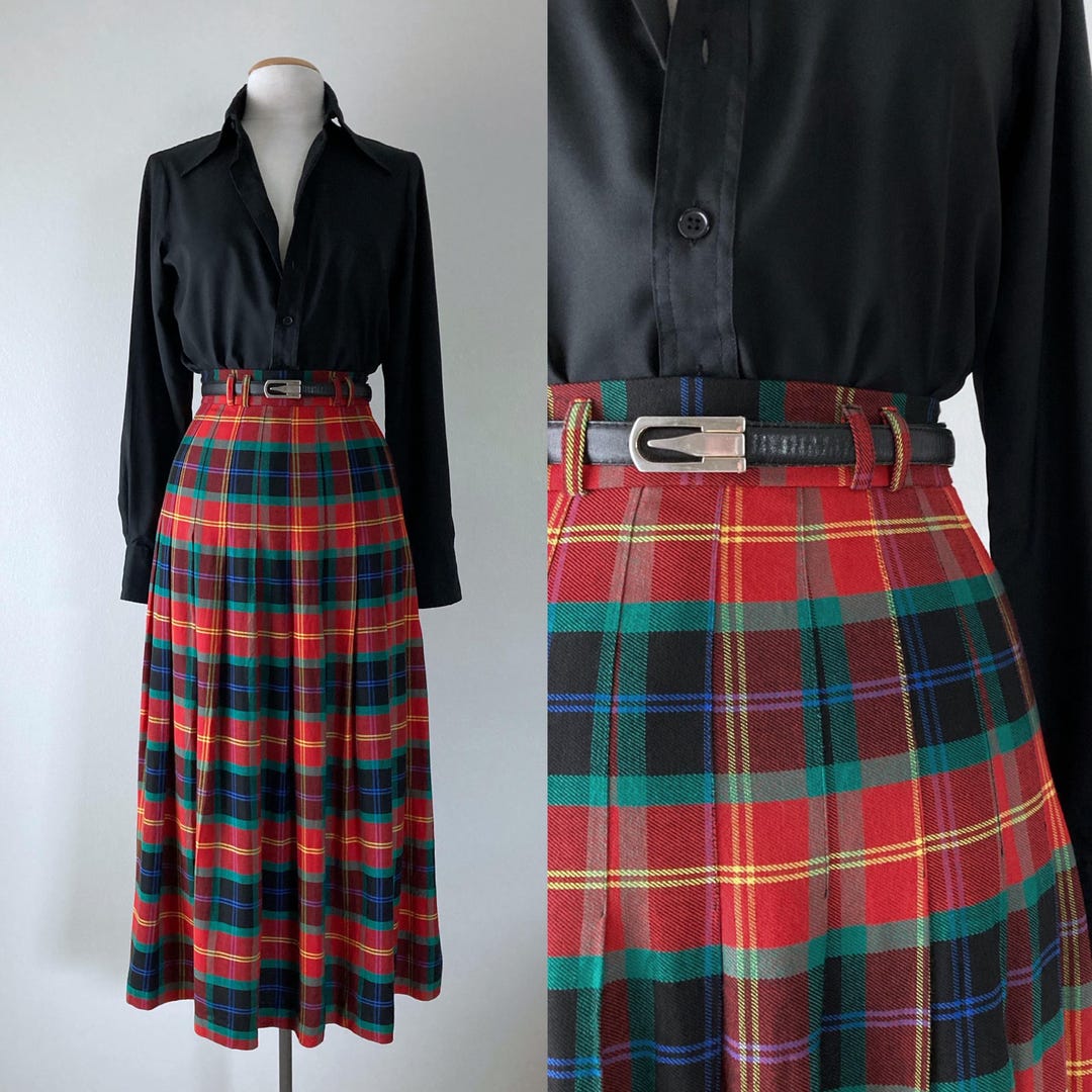 80s Plaid Pleated Skirt Vintage Red Tartan Midi Skirt Extra Small - Etsy