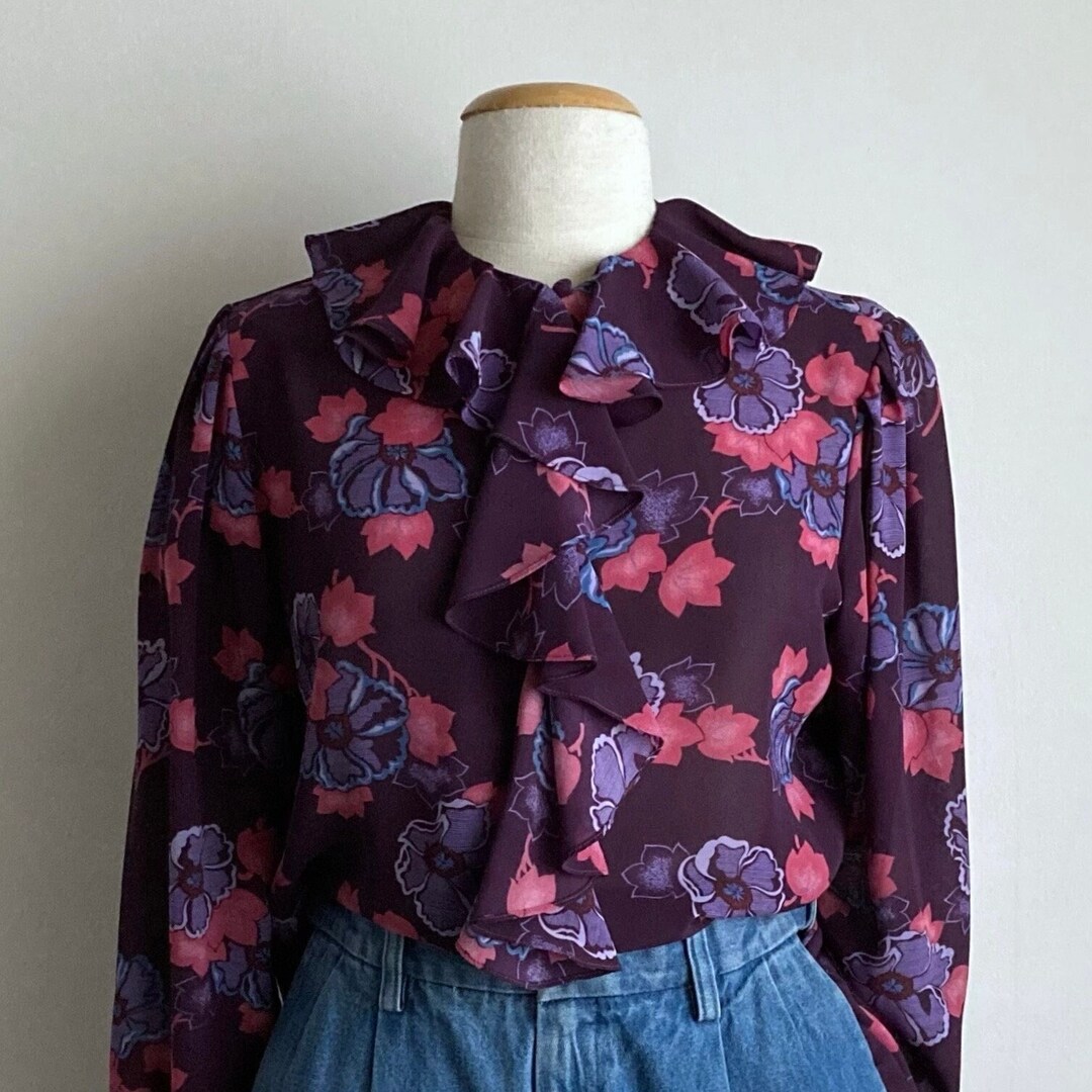 80s Ruffle Neck Blouse Vintage Ruffle Collar Top Womens Floral - Etsy