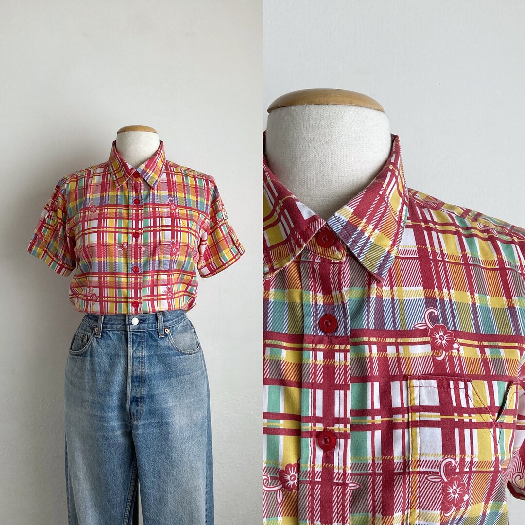 70s Plaid Shirt Vintage Camp Shirt Womens Short Sleeve - Etsy
