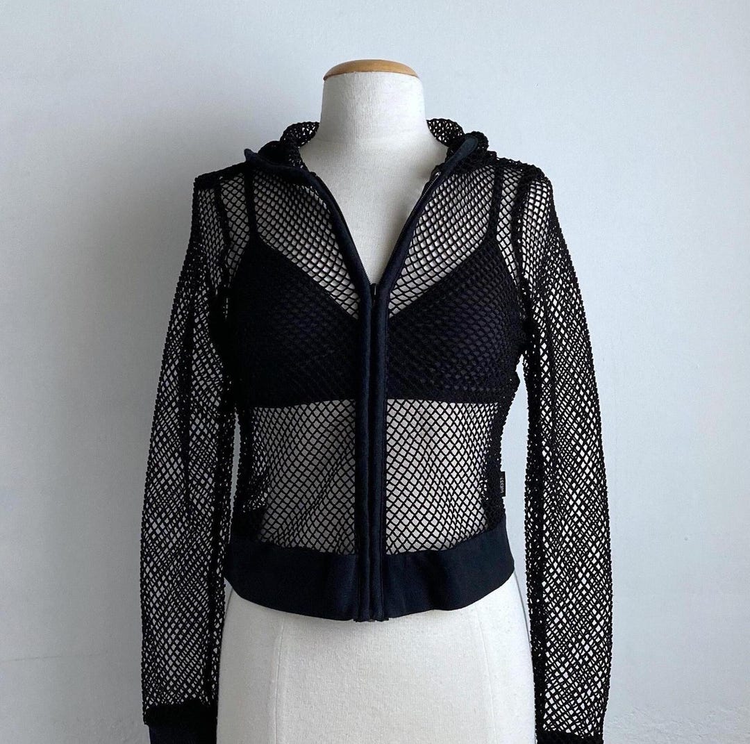 90s Black Mesh Top Vintage Y2K Fishnet Top 1990s Sheer Long Sleeve ...