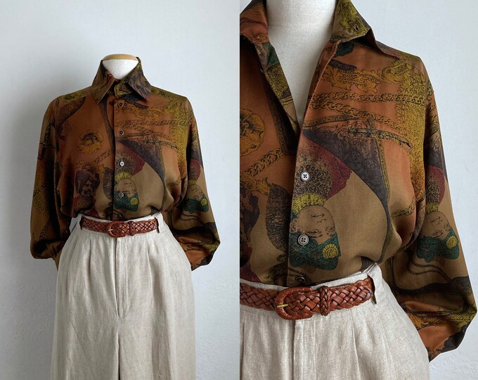 Novelty Print 80s Shirt Womens 80s Button up Shirt Vintage Rayon Blouse ...