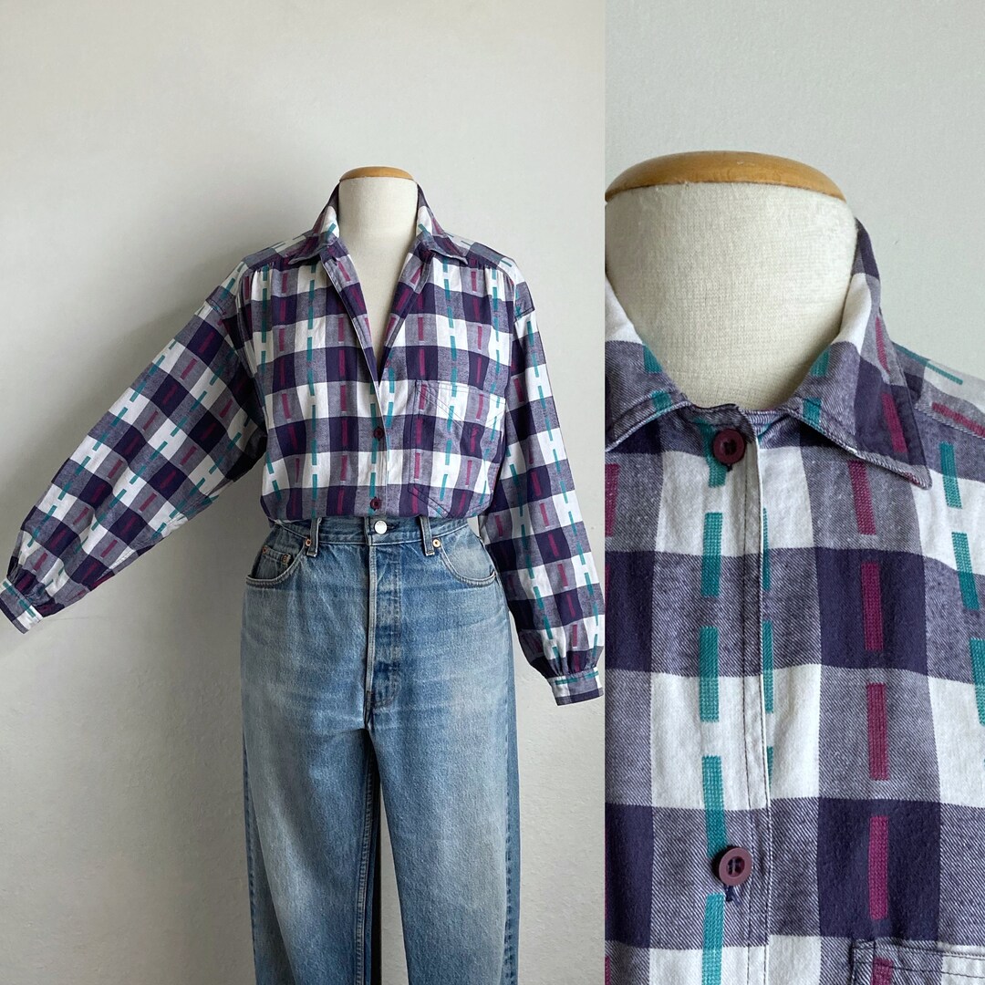 80s Flannel Shirt Vintage 1980s Plaid Shirts Women White and Blue Check ...