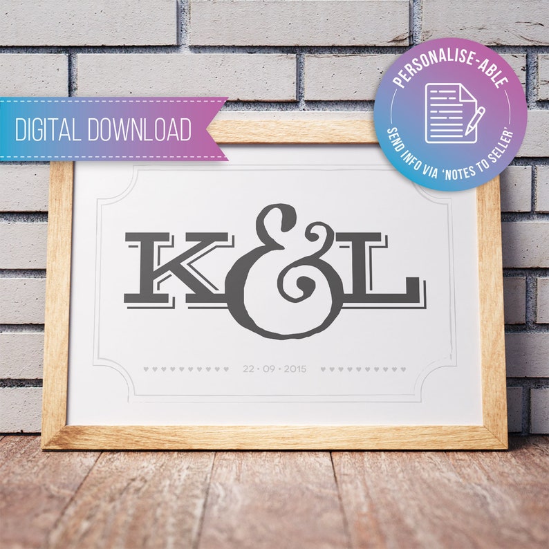 DIGITAL PERSONALISED PRINTABLE | Cute Couple Initials and Date ...