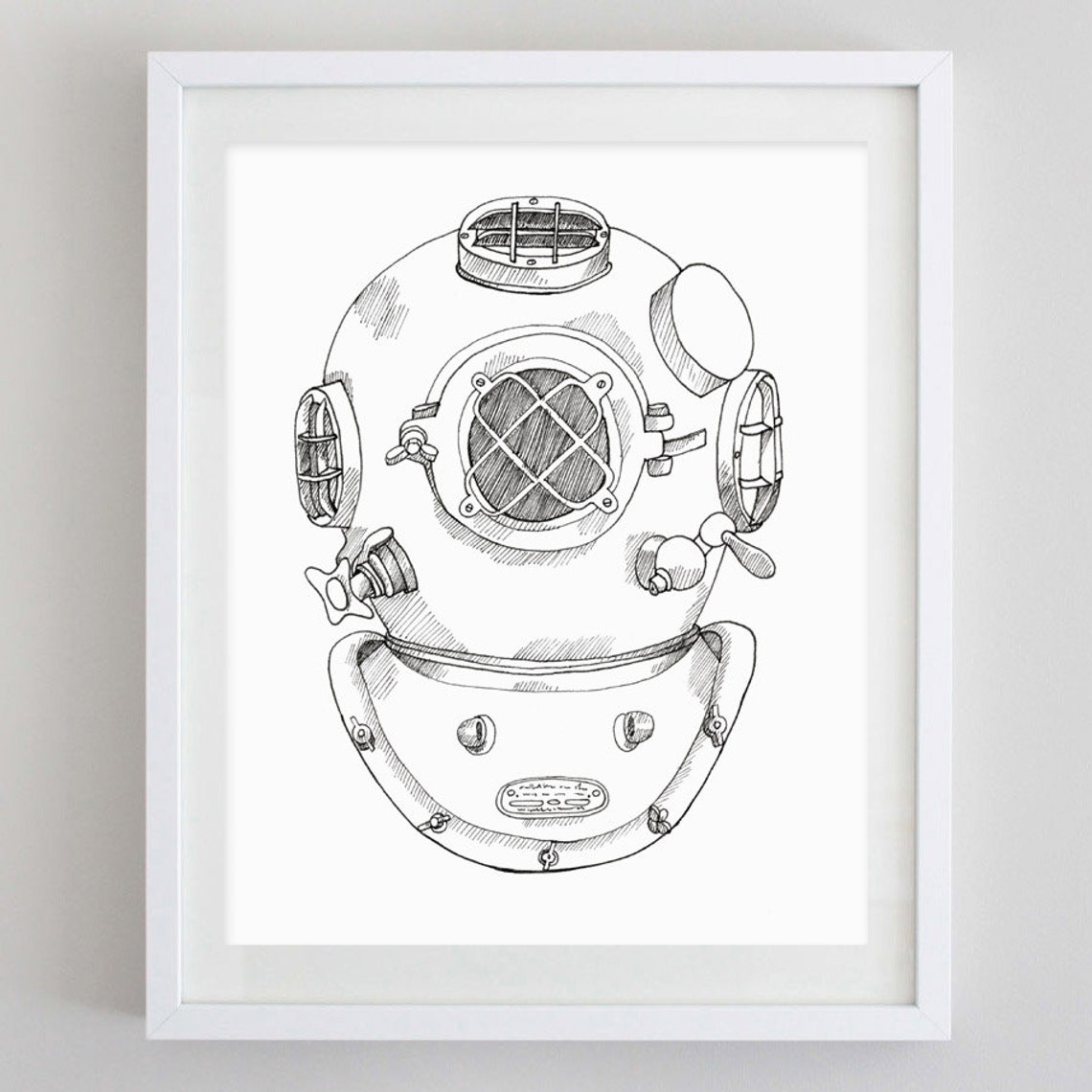 Scuba Helmet Drawing Print - Scuba Diver - Ocean Wall Art - Sea Life ...