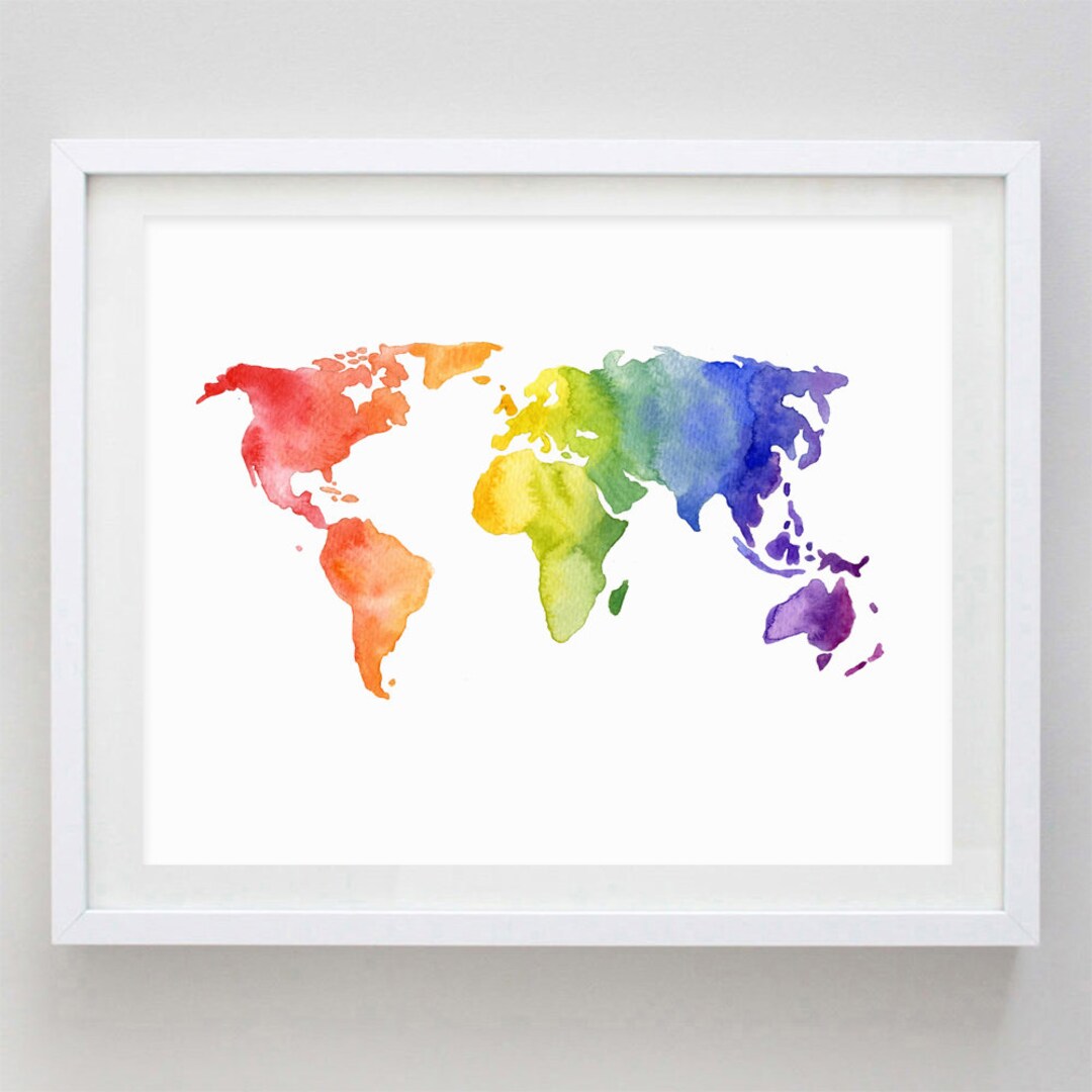 World Map Rainbow Watercolor Art Print - World Traveler Gift - Global ...