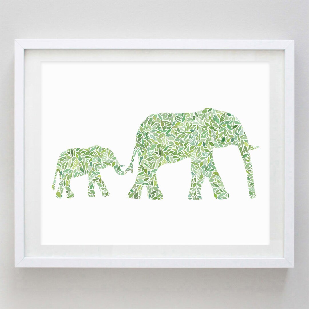 Mama and Baby Elephant Watercolor Art Print Green - Mom and Baby Animal ...