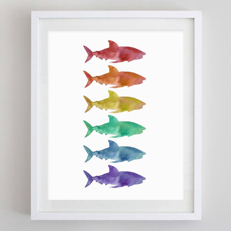 Rainbow Sharks Watercolor Art Print Underwater Nursery - Etsy
