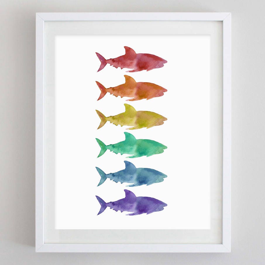 Rainbow Sharks Watercolor Art Print Underwater Nursery | Etsy