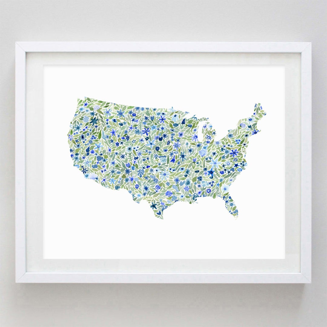 United States USA Floral Watercolor Art Print - US Map - American ...