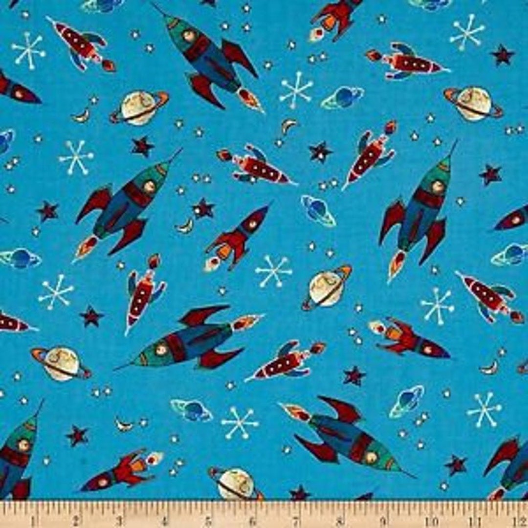 Atomic TEAL Rockets to the Moon Michael Miller Half Yard CX7262 Mid ...