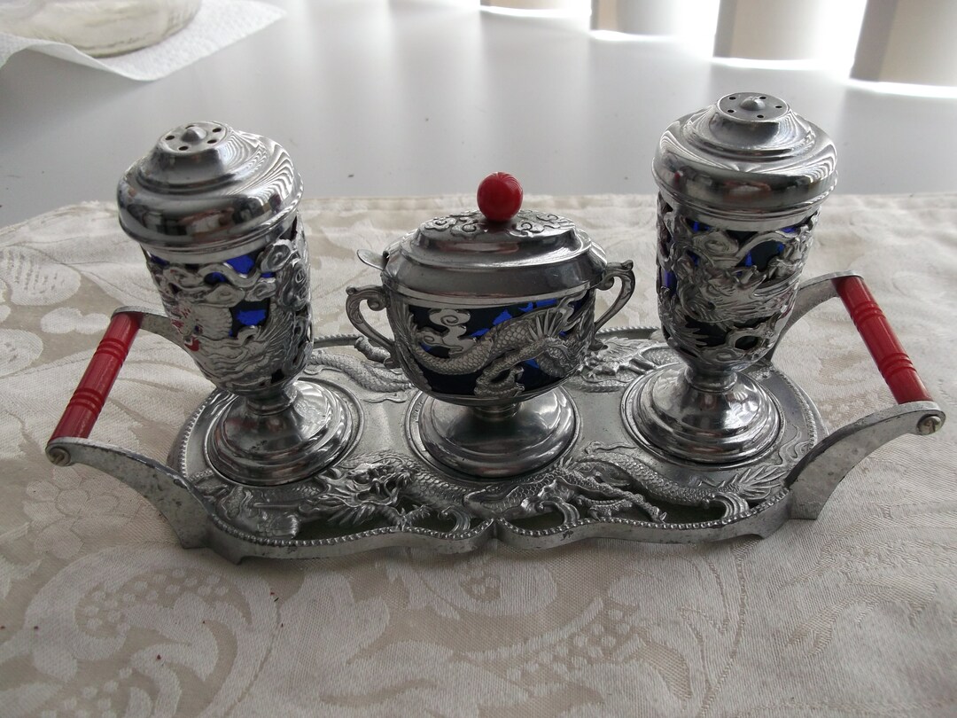 Japanese 'dragon' Salt & Pepper and Mustard Pot W/handled Tray Blue ...