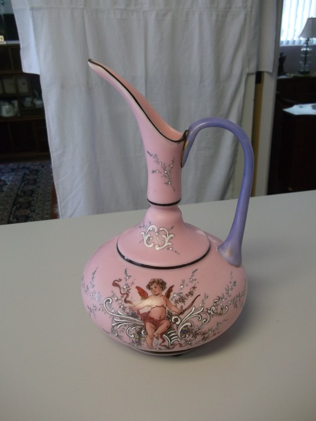 Antique Pink Opaline Glass Ewer: Hand-painted Cherub Pitcher - Etsy