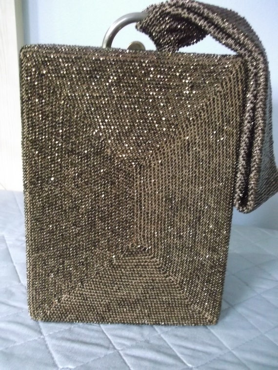 Vintage 1940's Bronze Seed Beaded Box Bag Bronze bead… - Gem