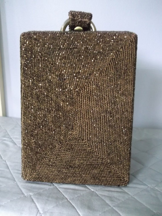 Vintage 1940's Bronze Seed Beaded Box Bag Bronze bead… - Gem