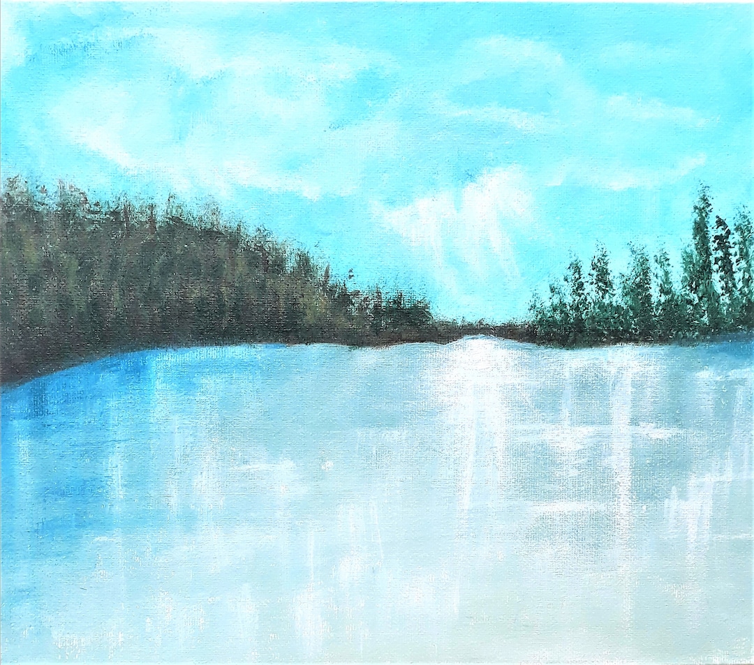 Icy Blue Lake Painting, Frozen Skating Pond, Original Winter Wall Art ...