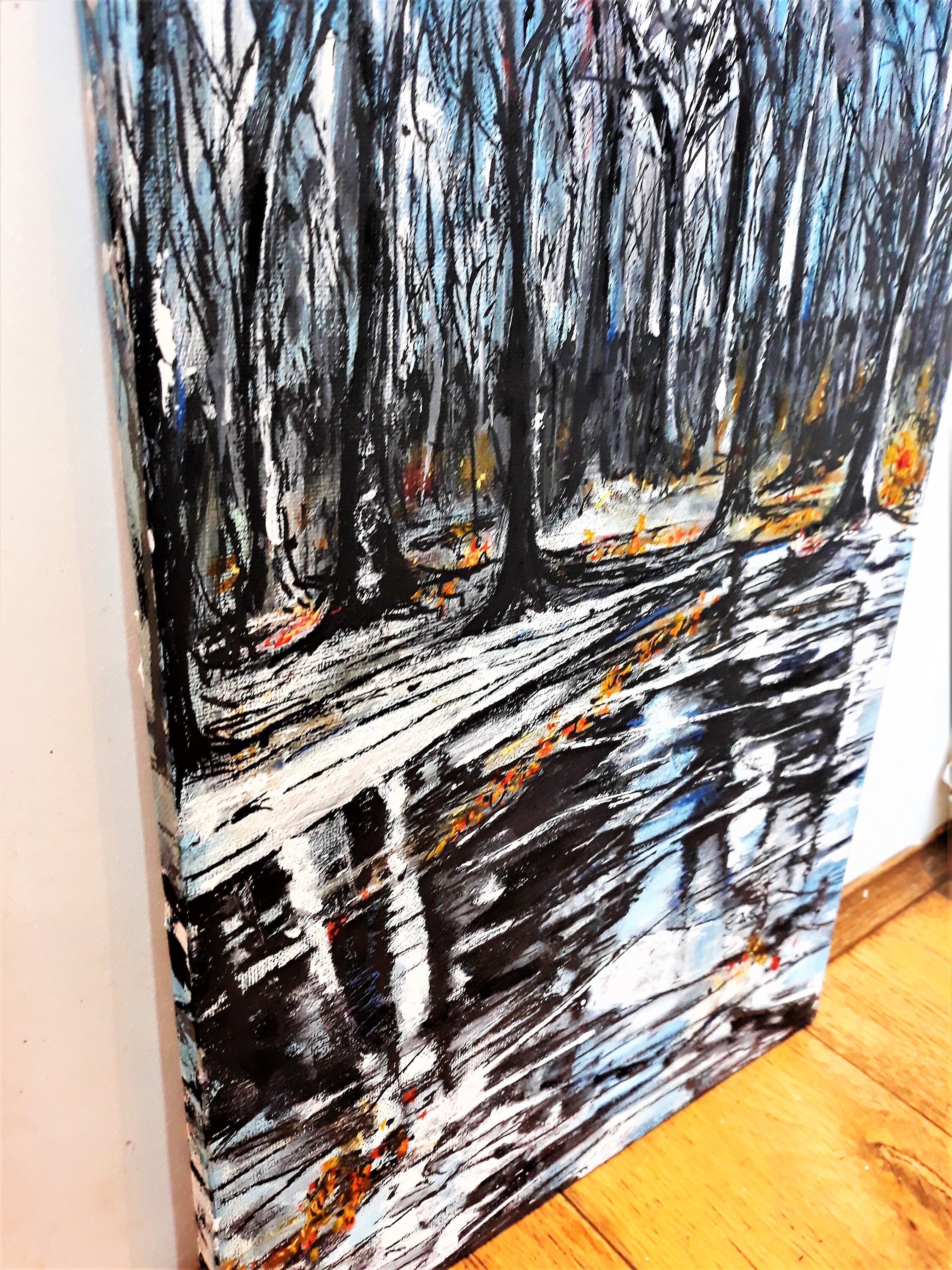 Winter Trees Painting With Water and Reflections, Original Acrylic on ...
