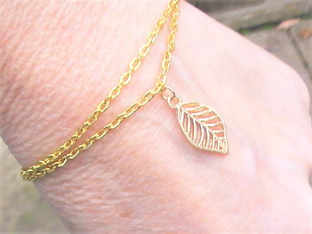 Leaf Bracelet, Double Gold Chain, Nature Charm Jewelry, Dainty Women's ...