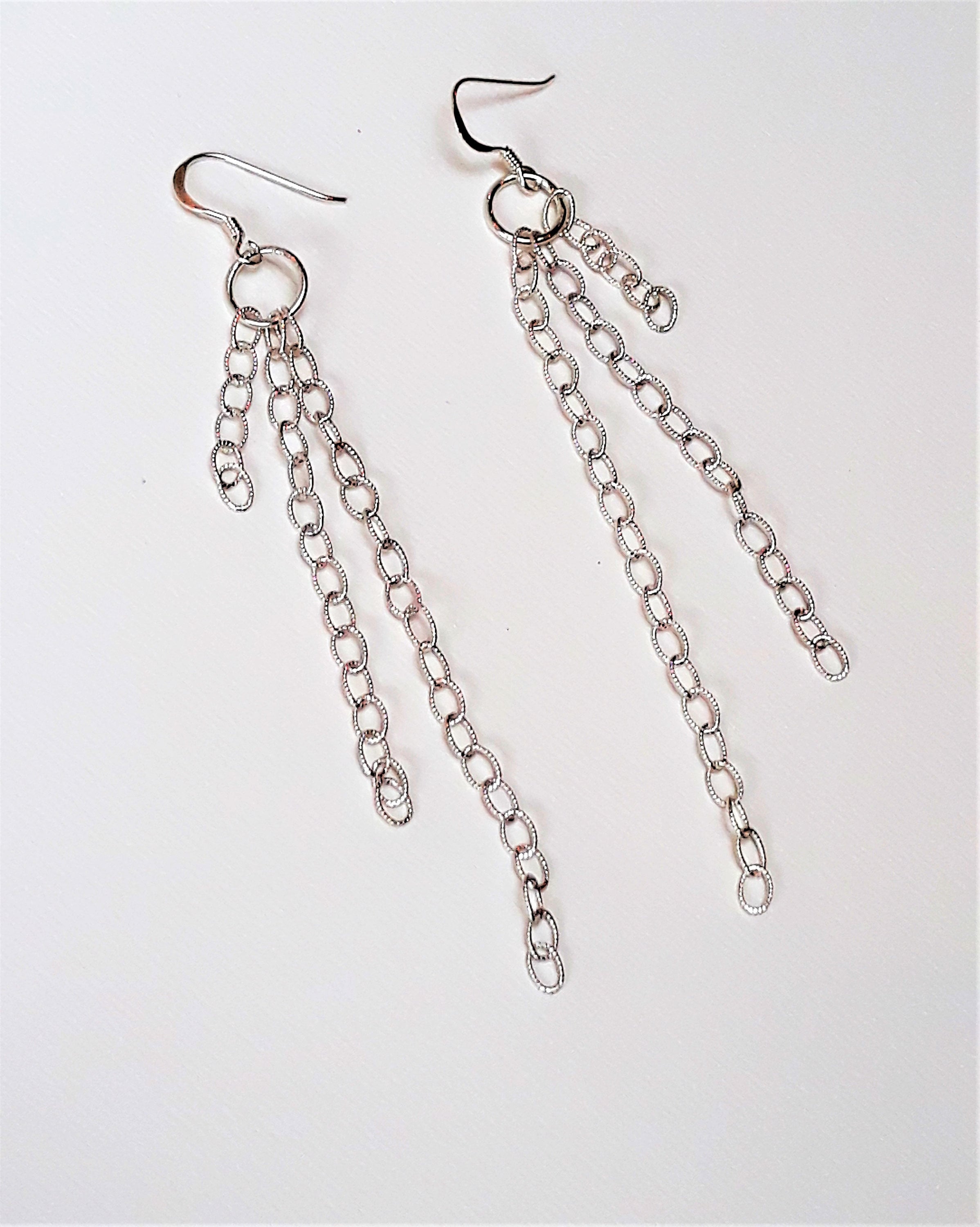 Long Chain Earrings in Sterling Silver With Sparkly Engraved | Etsy