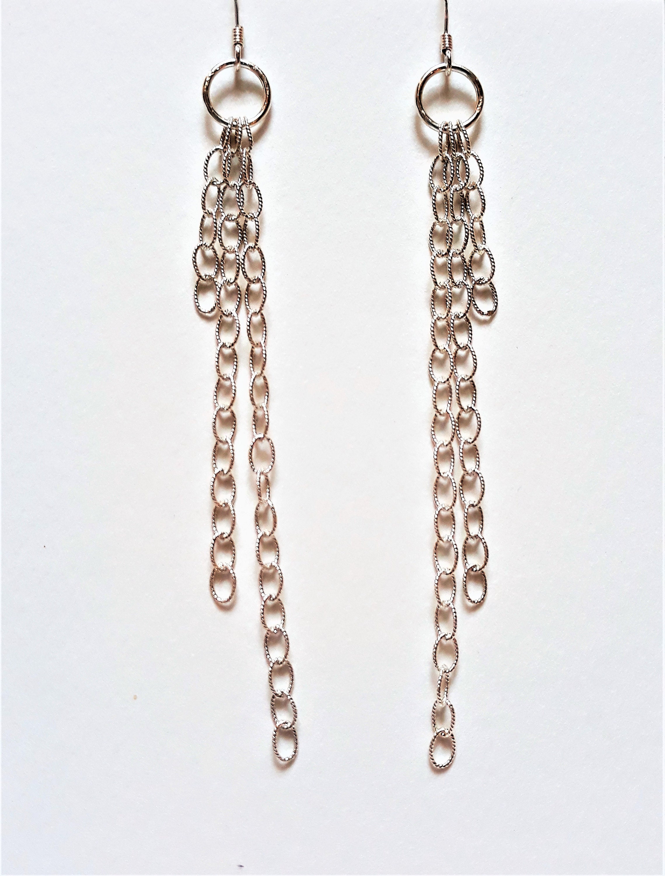 Long Chain Earrings in Sterling Silver With Sparkly Engraved | Etsy