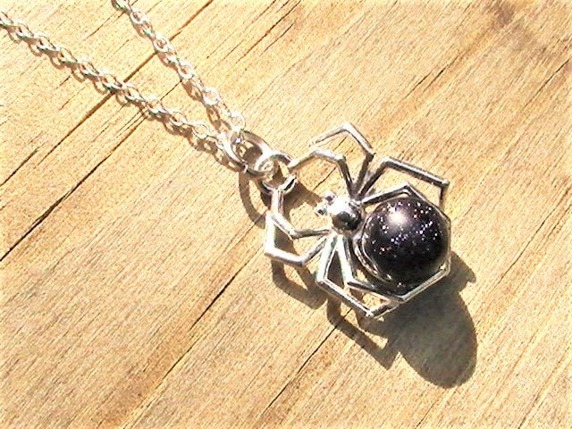 Spider Necklace, Halloween Pendant, Sterling Silver Necklace, Blue ...