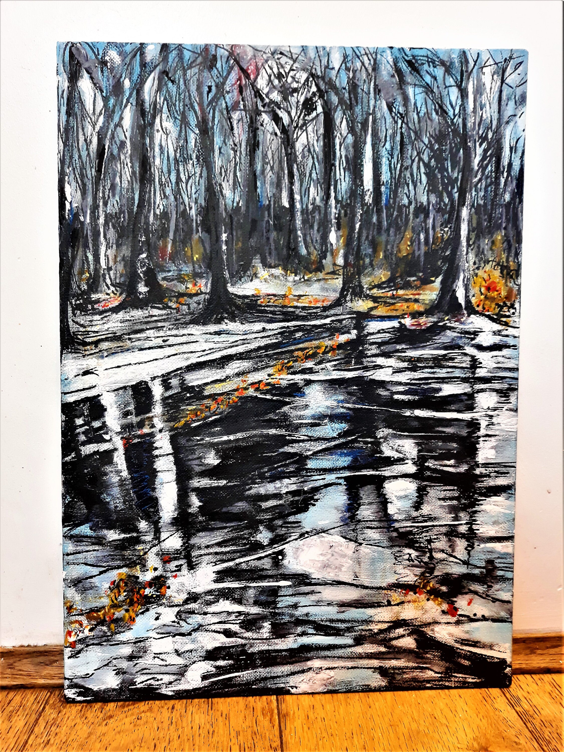 Winter Trees Painting With Water and Reflections, Original Acrylic on ...