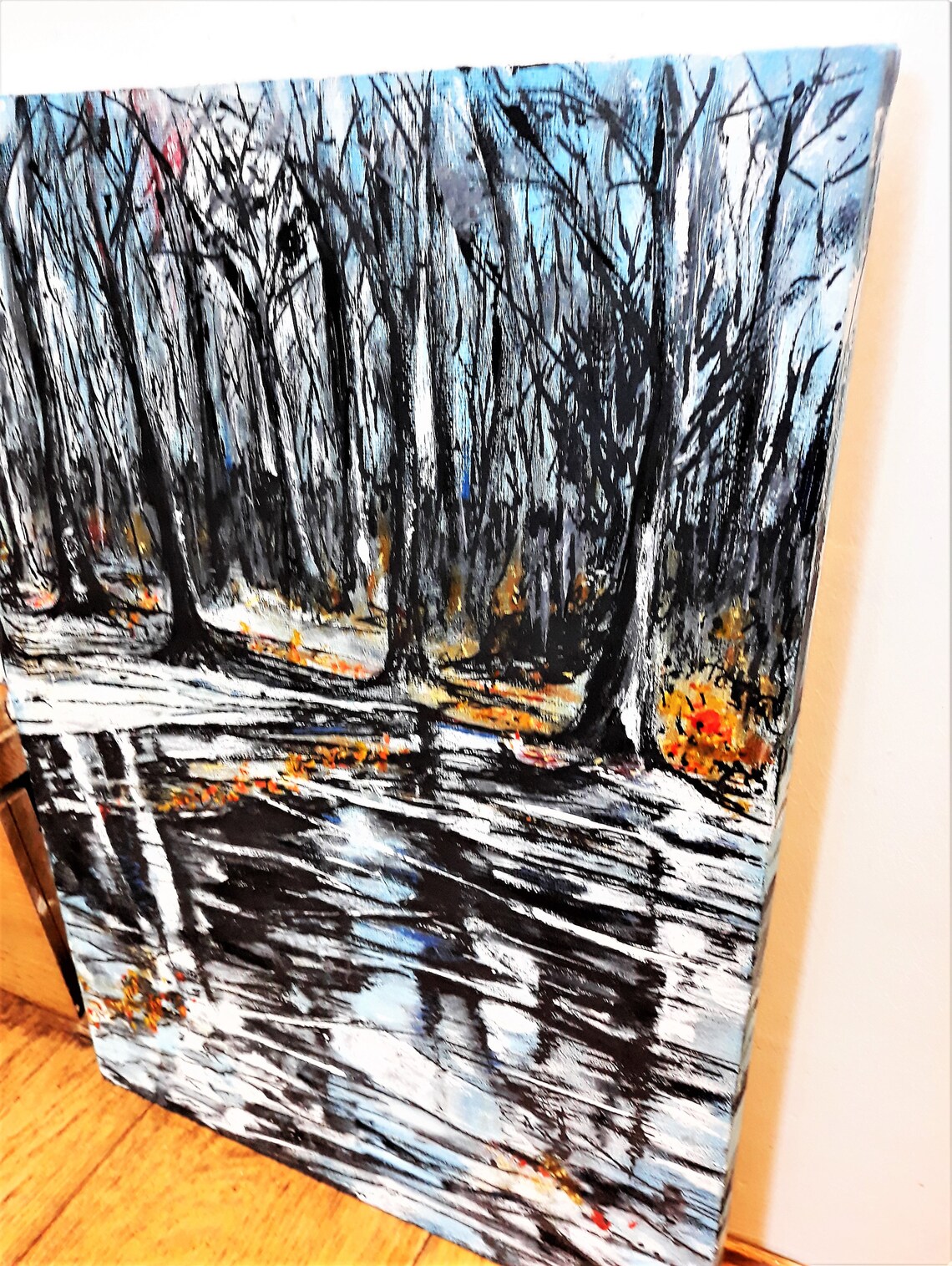 Winter Trees Painting With Water and Reflections, Original Acrylic on ...