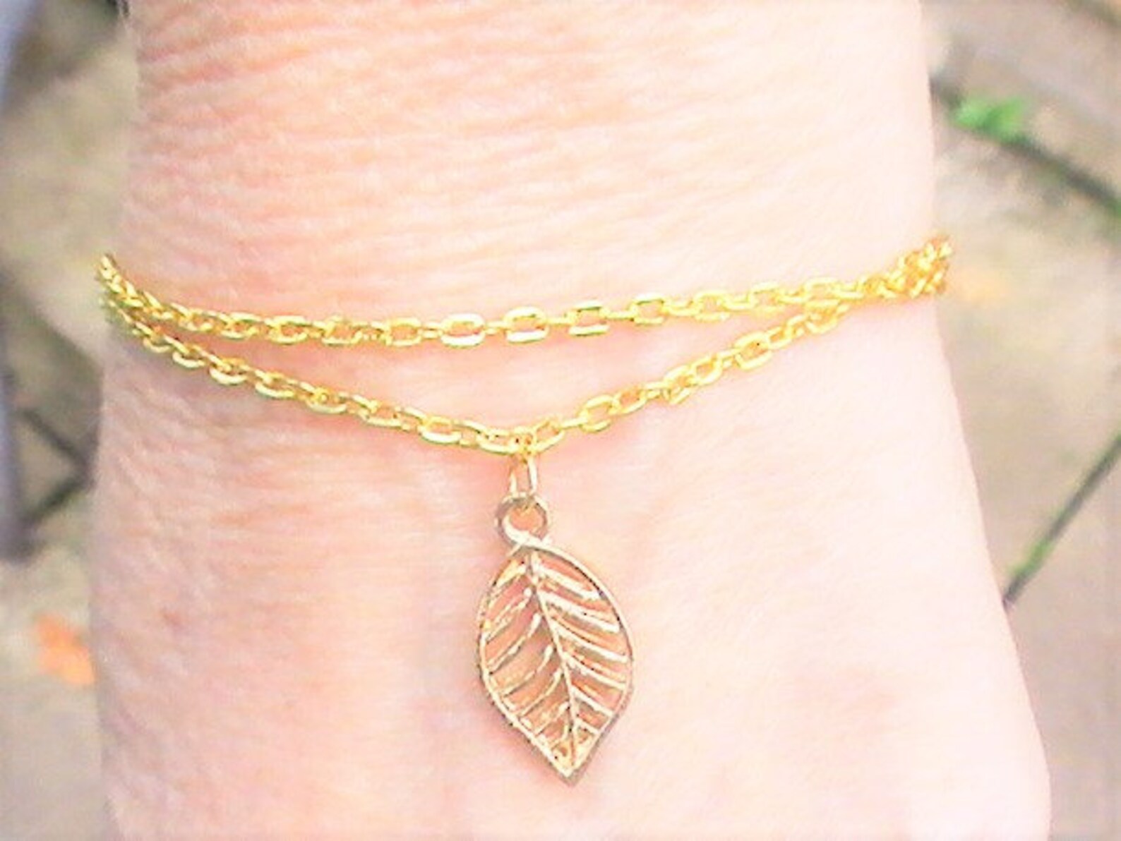Leaf Bracelet, Double Gold Chain, Nature Charm Jewelry, Dainty Women's ...