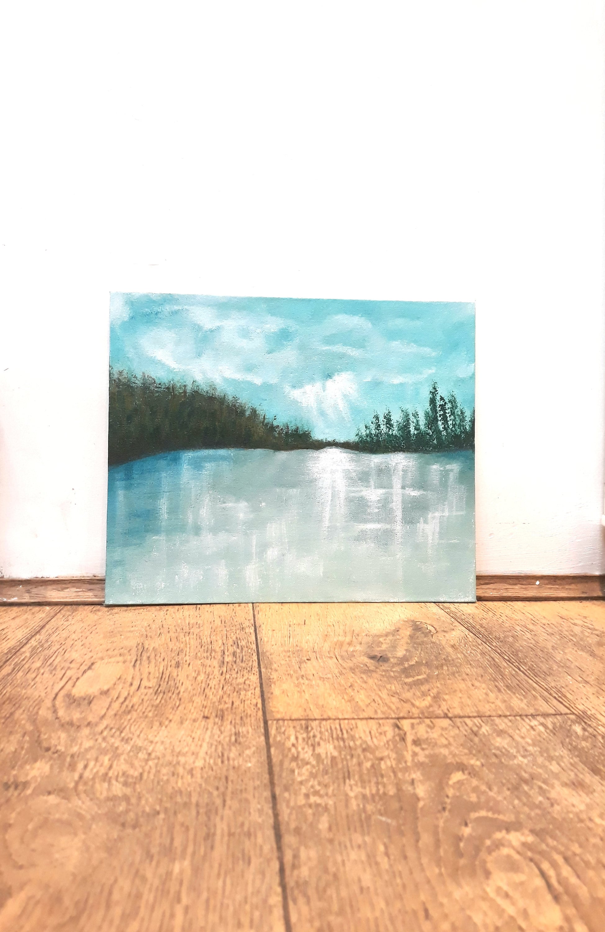 Icy Blue Lake Painting, Frozen Skating Pond, Original Winter Wall Art ...
