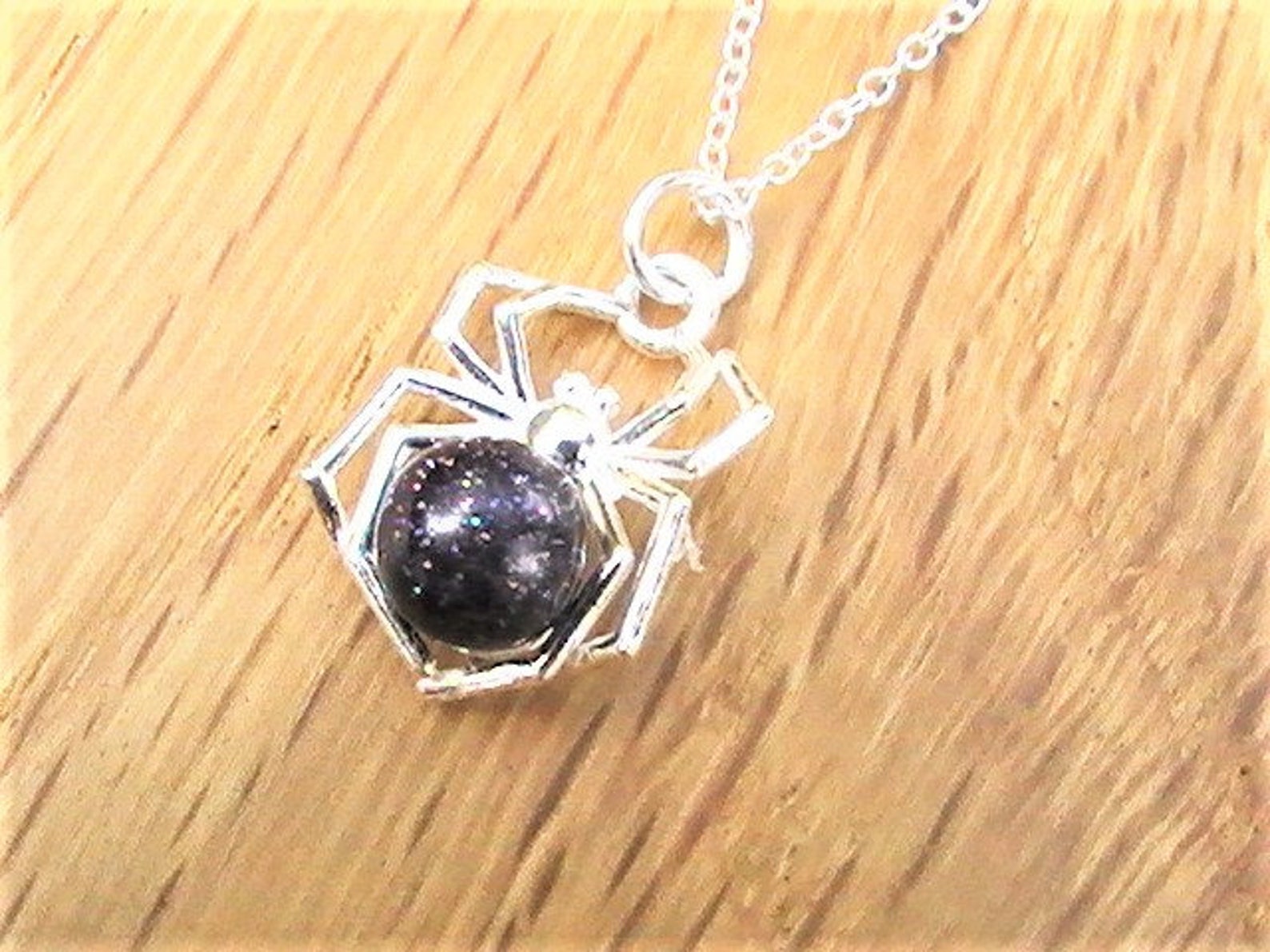 Spider Necklace, Halloween Pendant, Sterling Silver Necklace, Blue ...