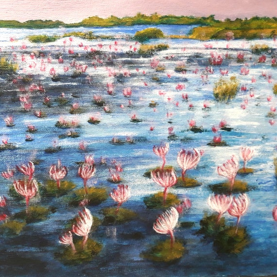 Lake Painting With Flowers Original Acrylic Wall Art Blue | Etsy