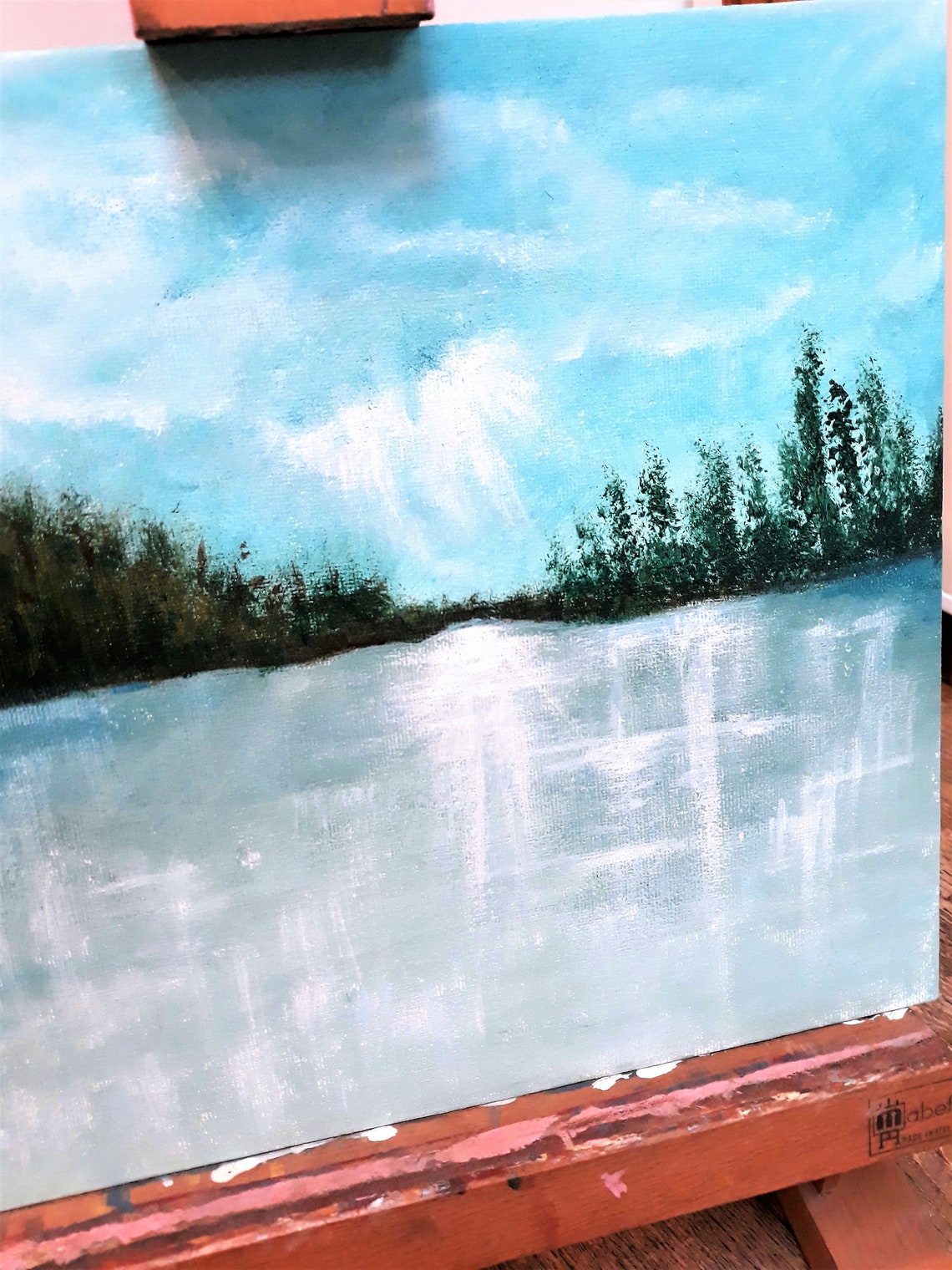 Icy Blue Lake Painting, Frozen Skating Pond, Original Winter Wall Art ...