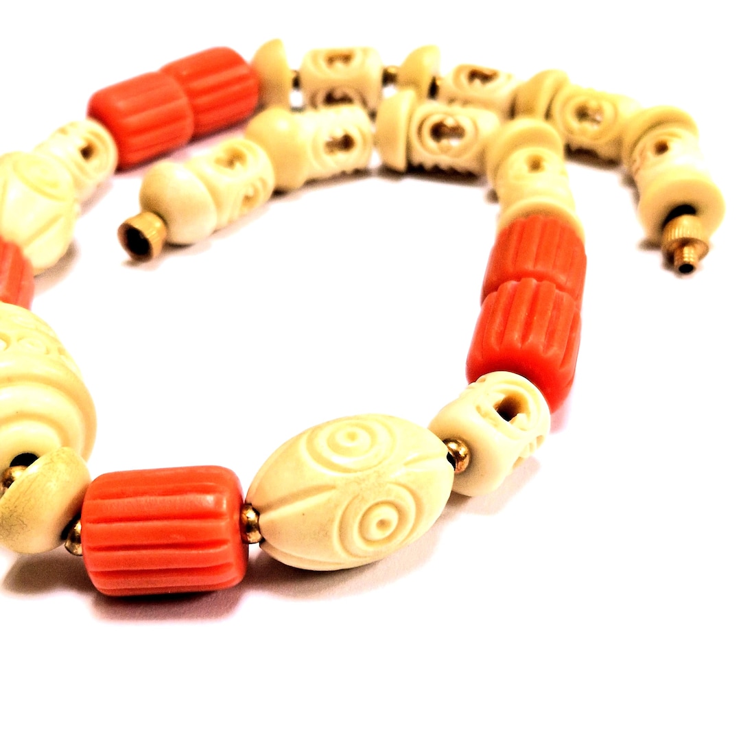 Vintage Early Plastic Necklace, Galalith Beads, Salmon Pink and Cream ...