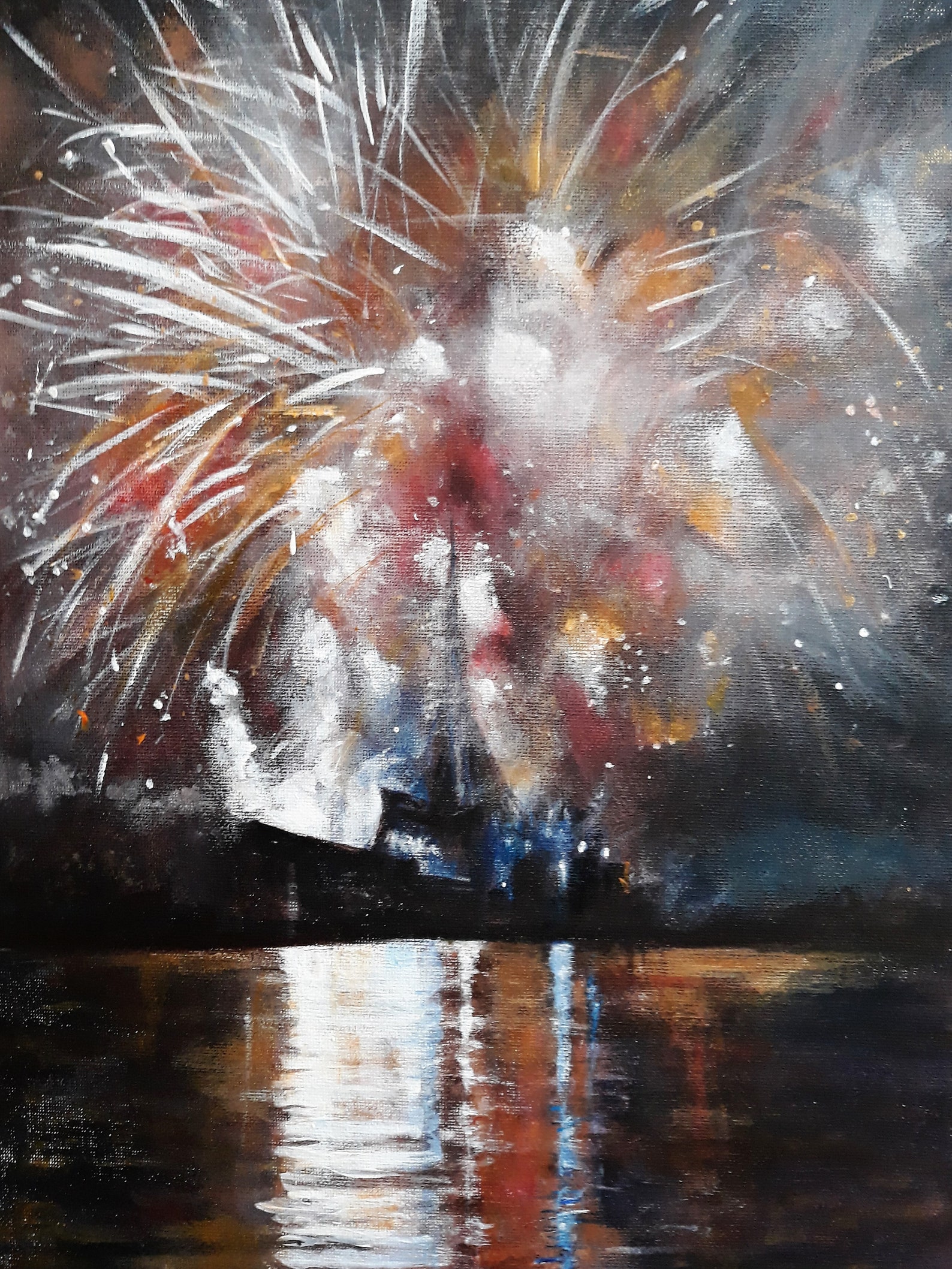 Ship and Fireworks Painting, Harbour Fiesta, Original Naval Seascape ...
