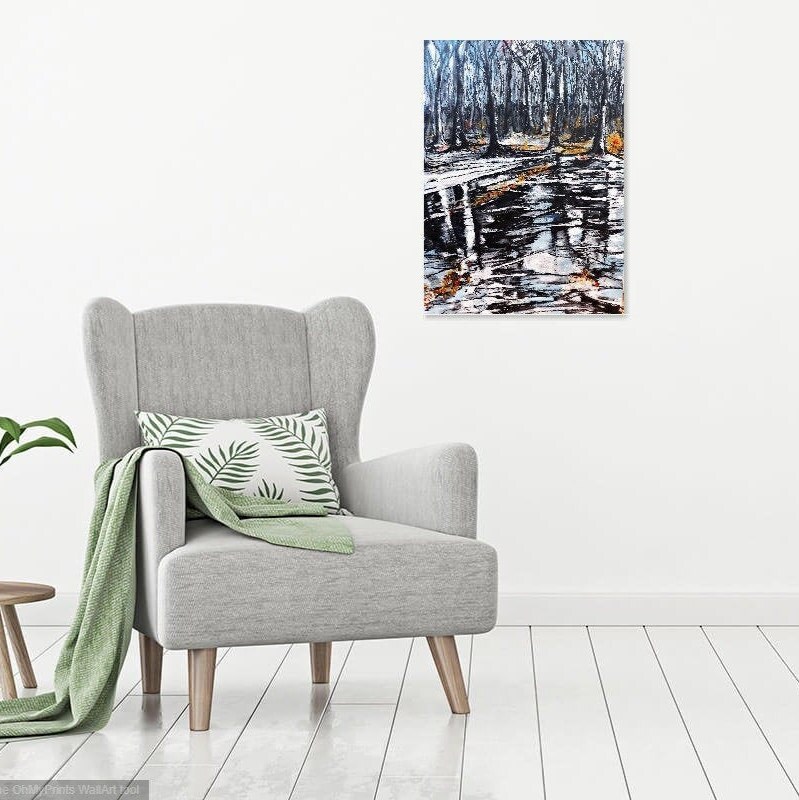 Winter Trees Painting With Water and Reflections, Original Acrylic on ...