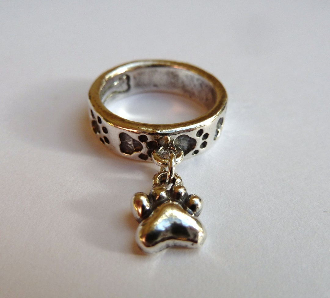 Sterling Silver Dog Paw Print Pawprint Charm Ring With Paw Print ...