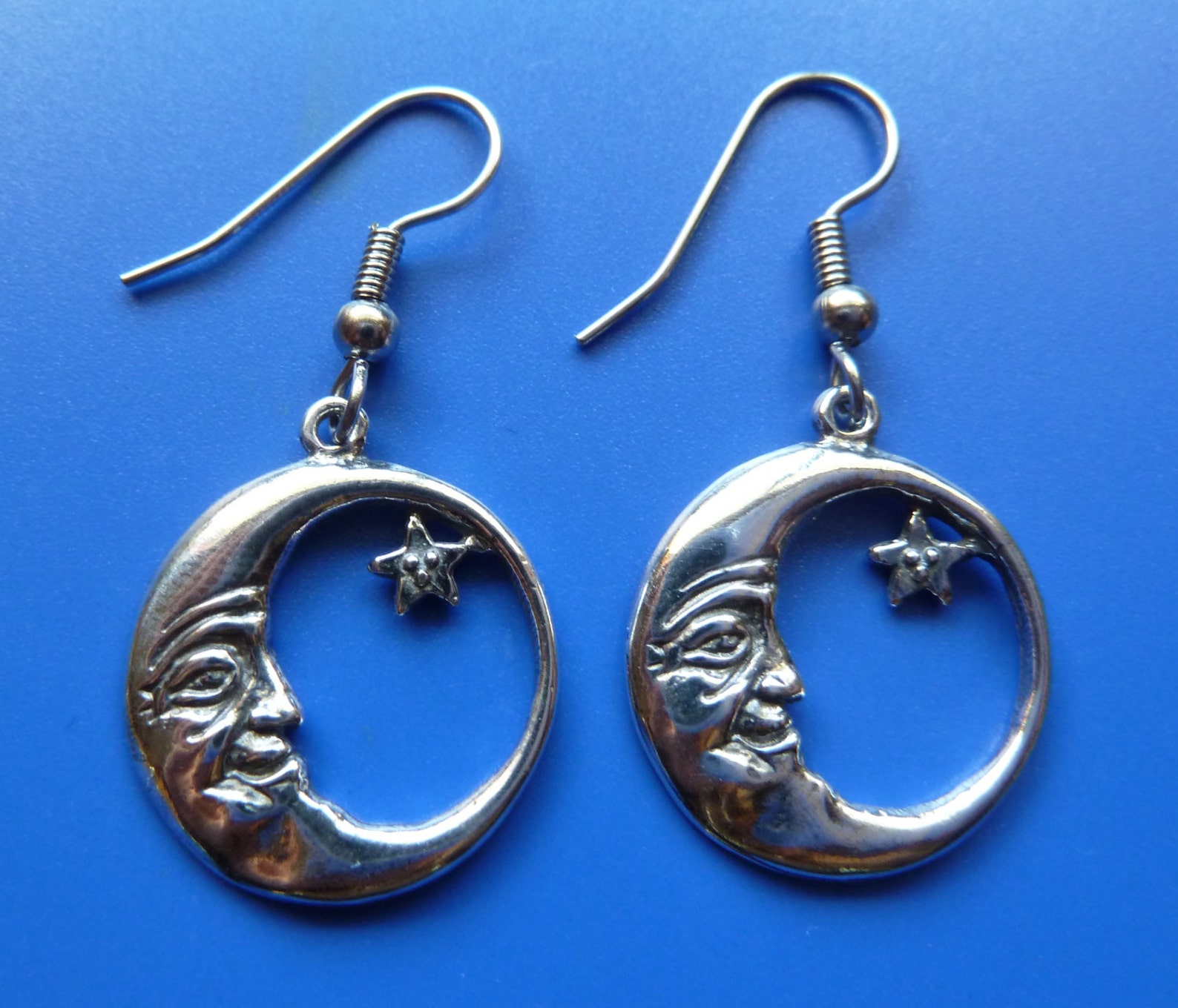 Sterling Silver Moon and Star Earrings-man in the Moon-dangle Earrings ...