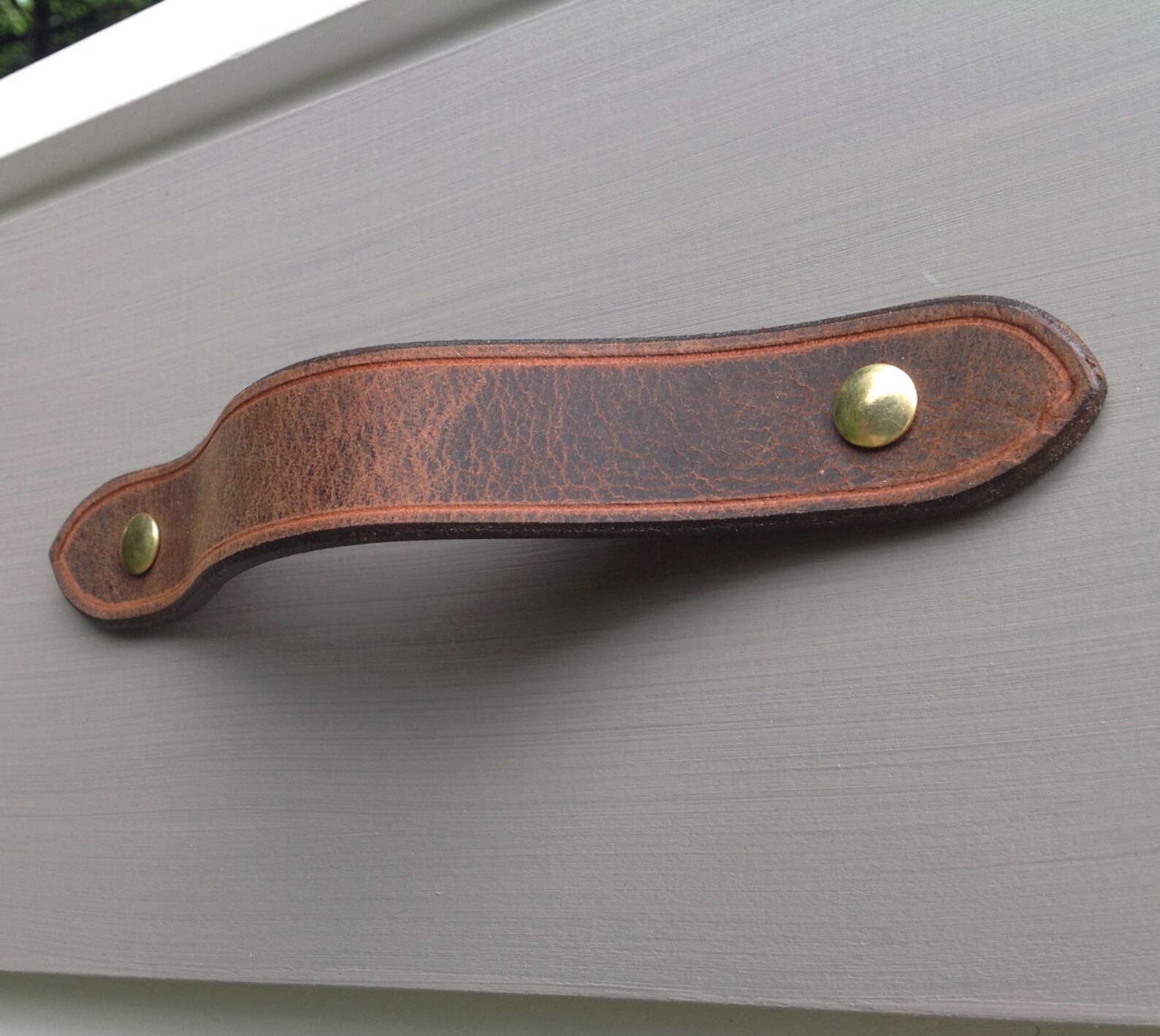 Vintage Brown Leather Drawer Pull: Single Thickness, Border Groove ...