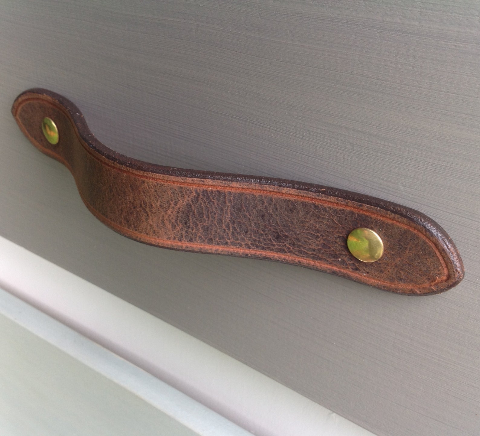 Vintage Brown Leather Drawer Pull: Single Thickness, Border Groove ...