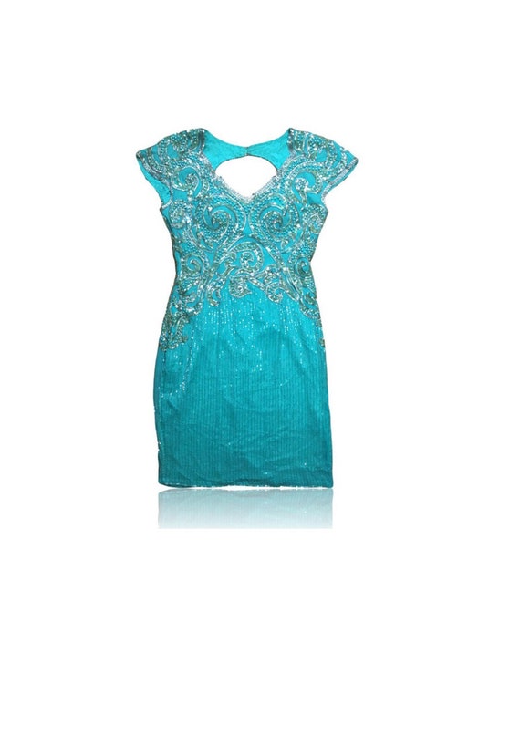 80s Aqua Turquoise Beaded Sequined Bodycon Dress / M… - Gem